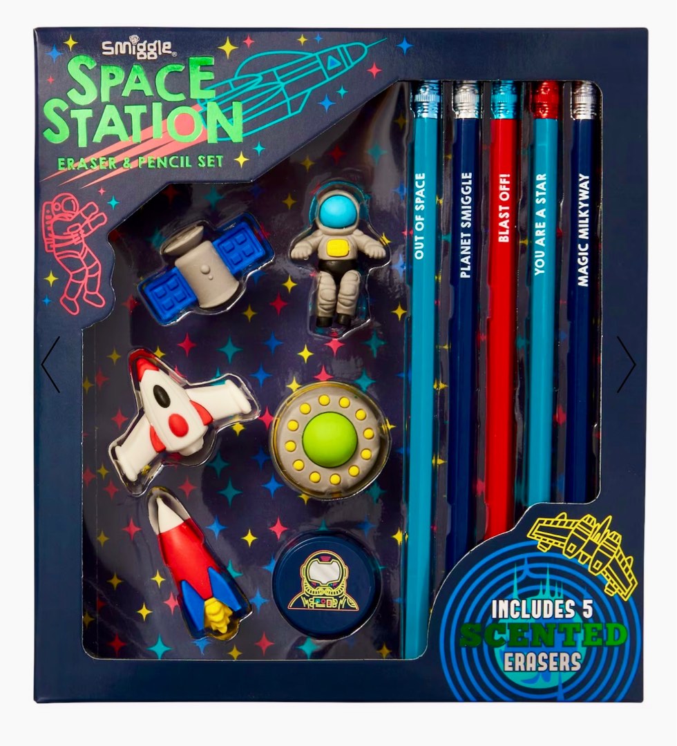 Brand new Smiggle eraser & pencil gift set (space station), Hobbies ...