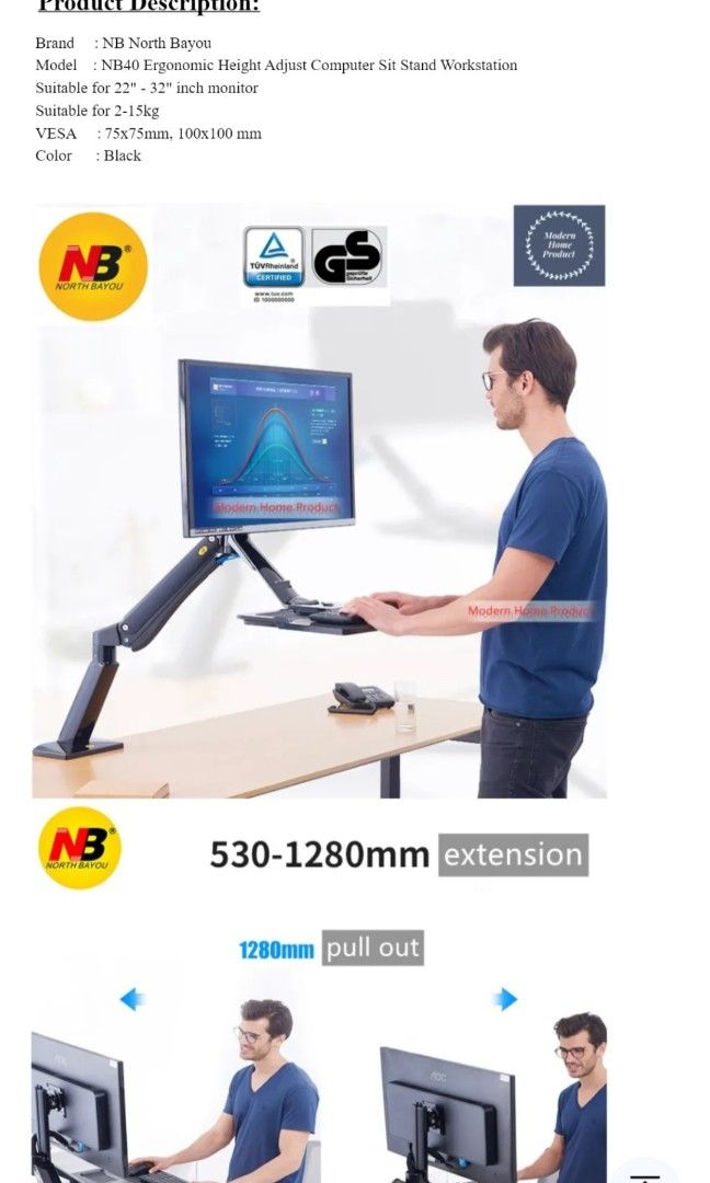 North Bayou NB40 Height Adjust Computer Sit & Stand Workstation For 22 ...