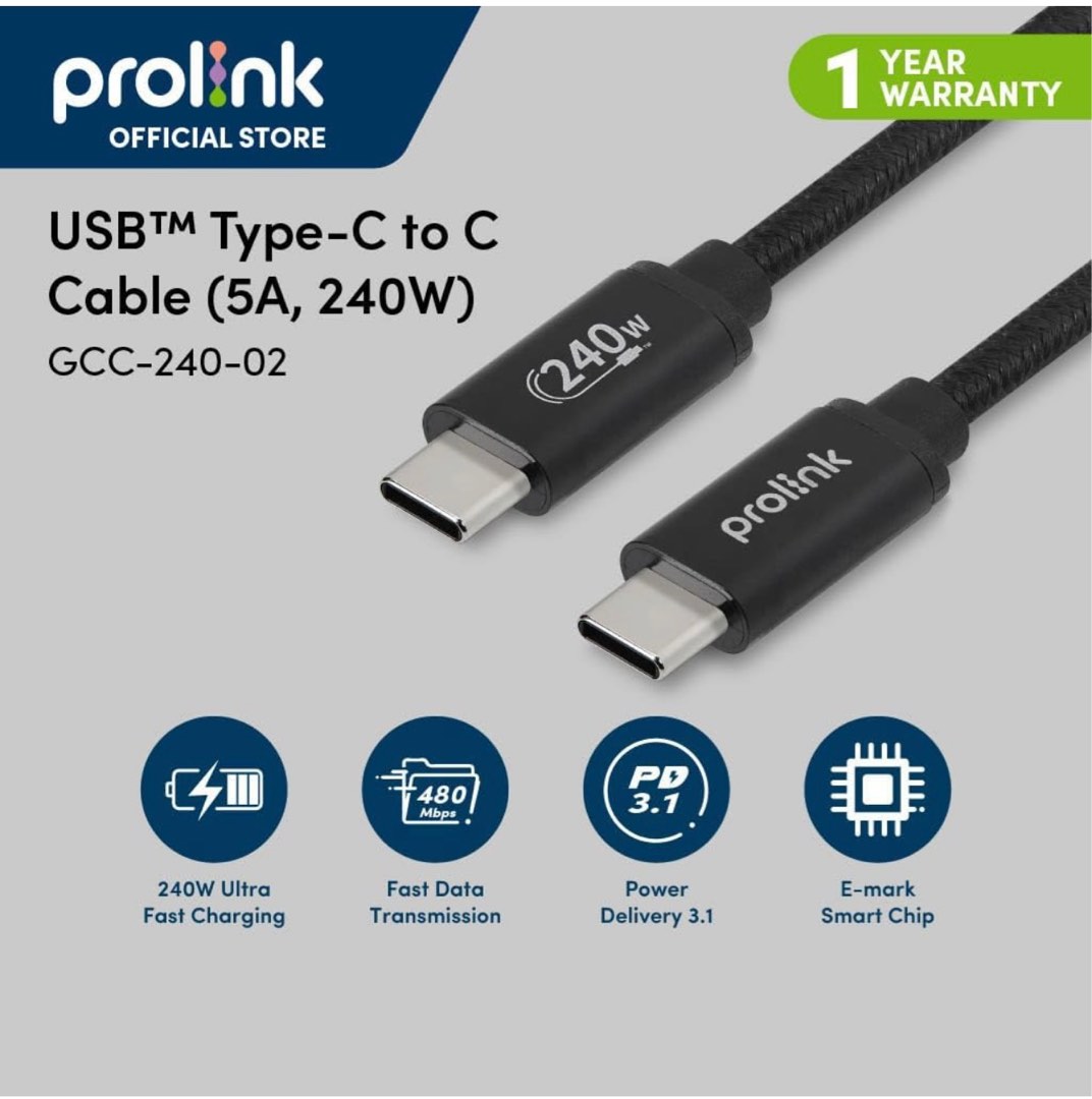 Prolink 240W USB C-C PD 3.1 E-Mark USB C-C Cable (2 meter), Computers ...