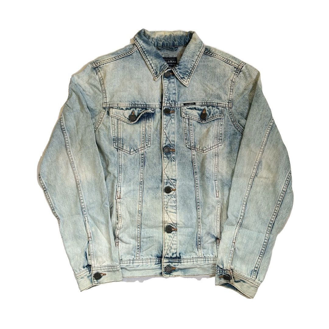 Pull & Bear Denim Jacket Tailored Classic Oversized Vintage Blue White ...