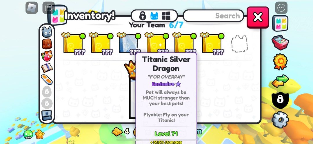 Titanic Silver Dragon Very High RAP 4X Sloth Charm Pet Simulator 99 ...