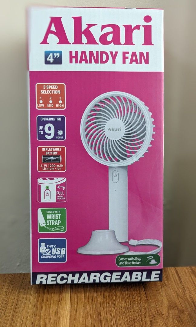Akari 4" Rechargeable Handy Fan, Furniture & Home Living, Lighting & Fans, Fans on Carousell