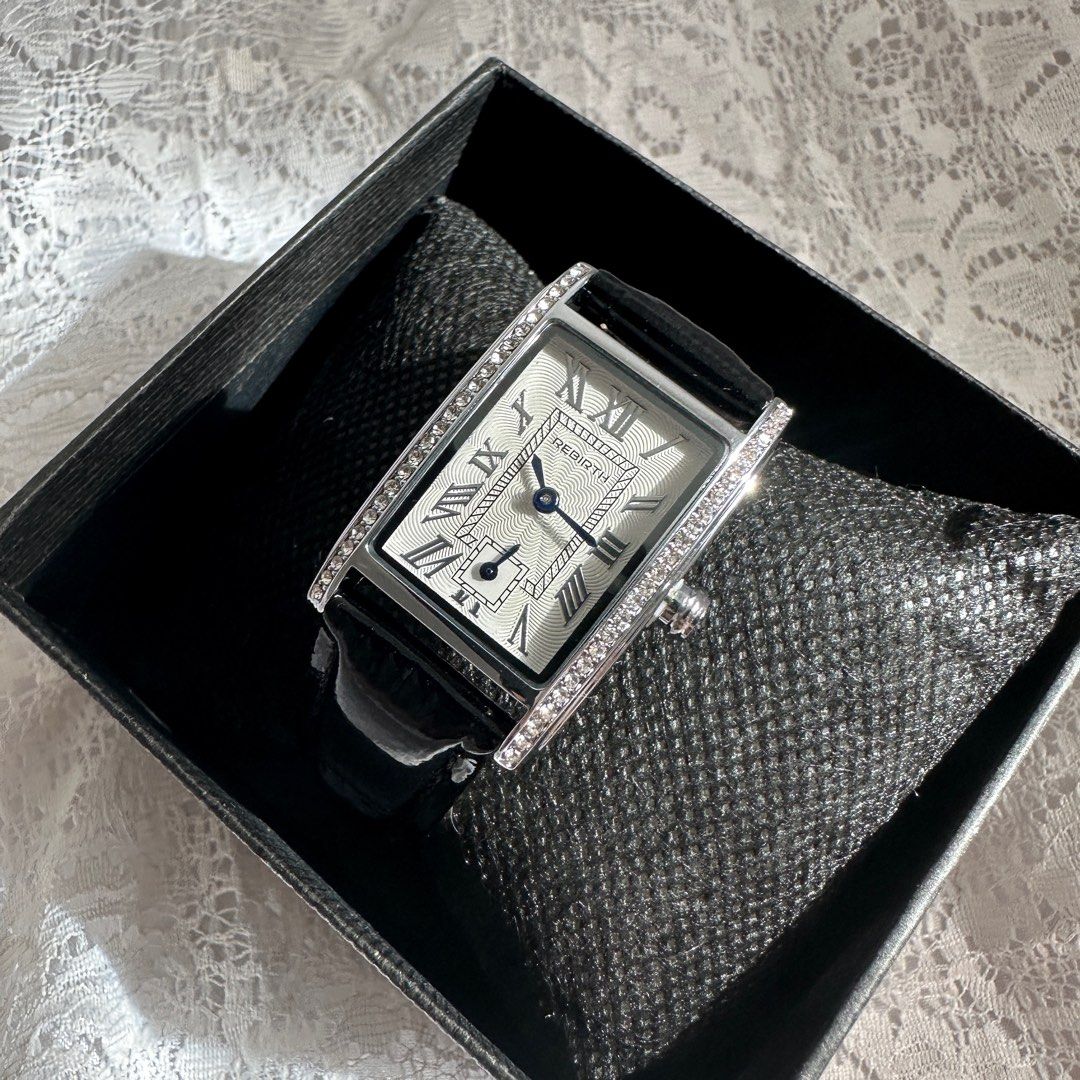 Vintage Black Leather Rectangle Elegant Watch, Women's Fashion, Watches ...