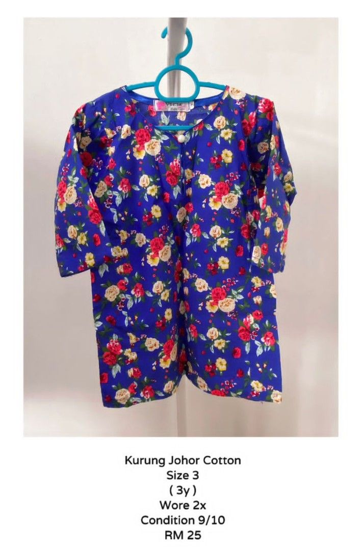 RAYA Blue Royal Kurung Johor Cotton Baby Kids 3 years, Babies & Kids ...