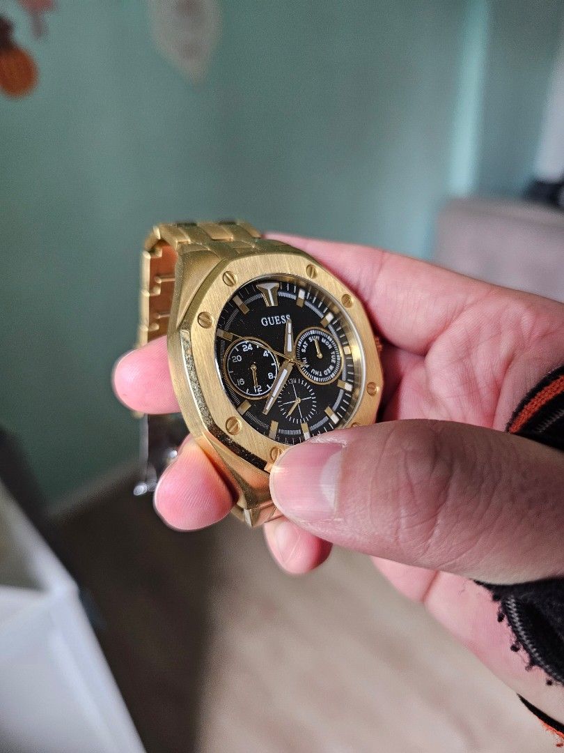 GUESS gold color watch, black dial, sports, Luxury, Watches on Carousell