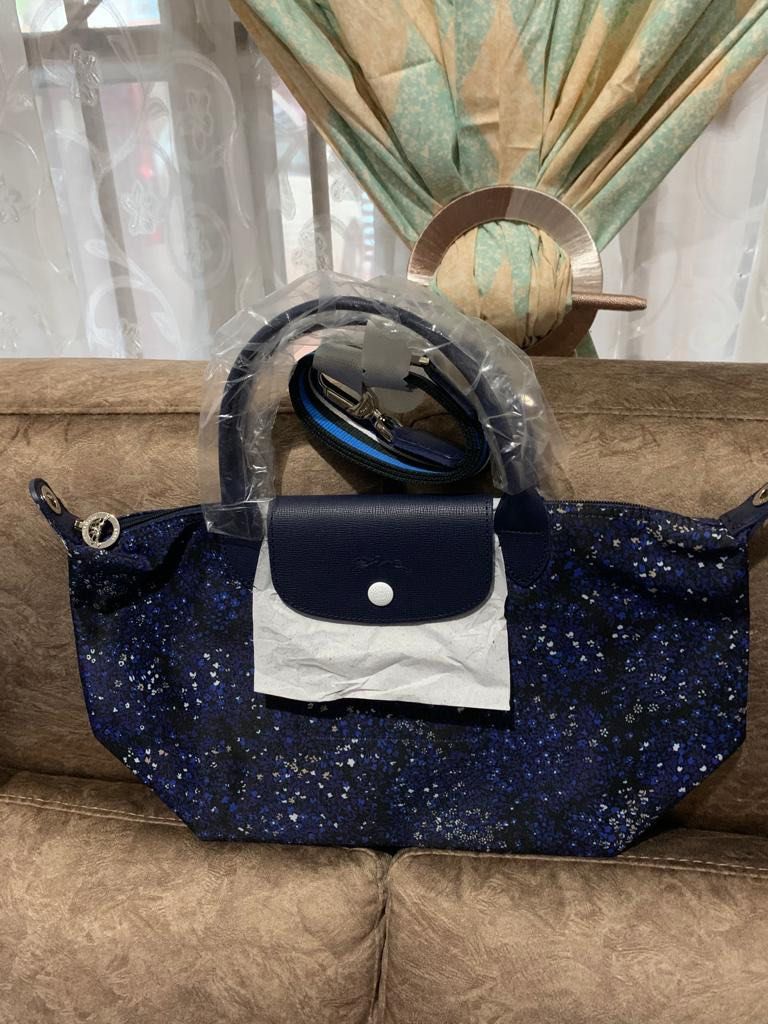 Original Longchamp Blue Le Pliage Fleurs Top Handle Bag, Women's ...