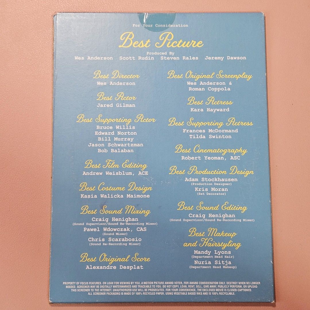 RARE Moonrise Kingdom FYC Screener DVD, Hobbies & Toys, Music & Media ...