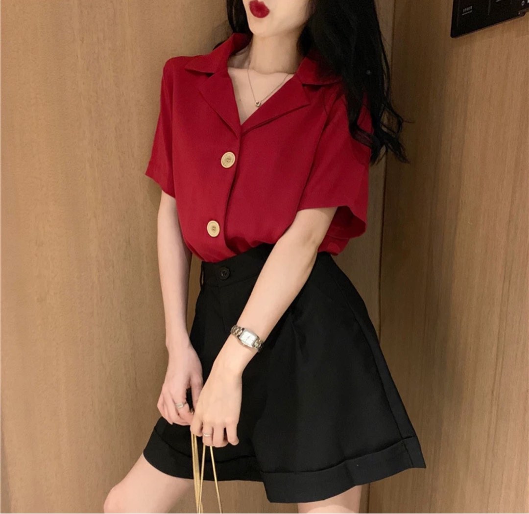Red Button Top, Women's Fashion, Tops, Blouses on Carousell