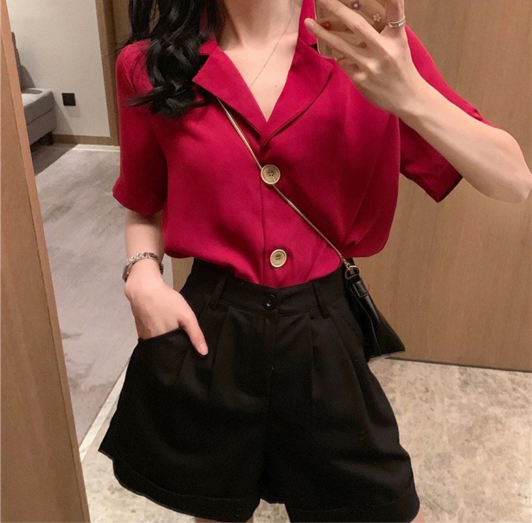 Red Button Top, Women's Fashion, Tops, Blouses on Carousell