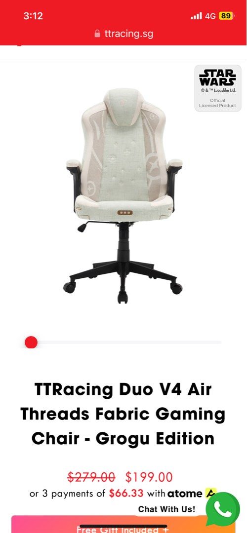 TTRacing Duo V4 Air Threads Fabric Gaming Chair - Grogu Edition ...