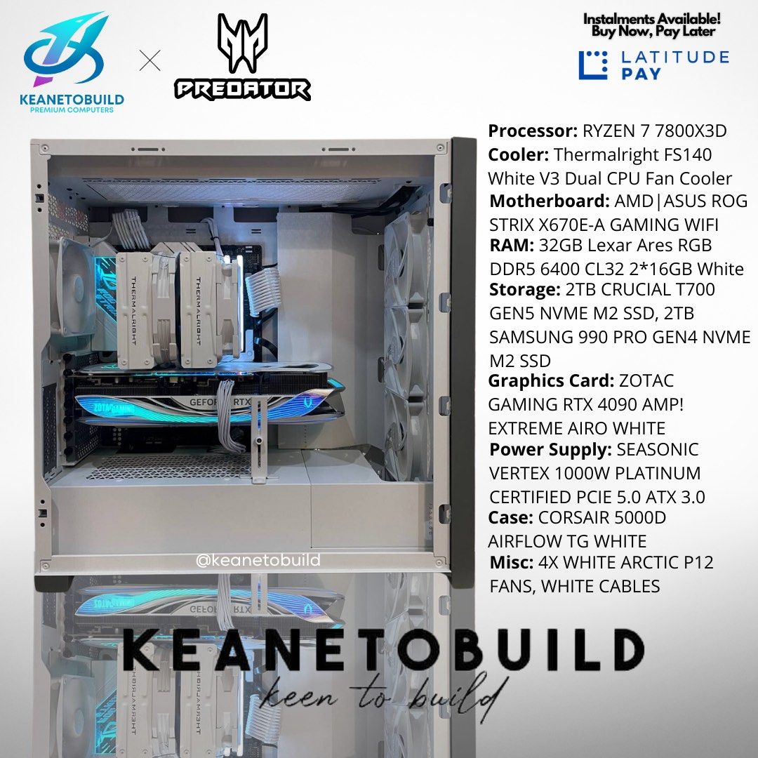 Custom Gaming PC Desktop RYZEN 7 7800X3D + RTX 4090 Full White ...