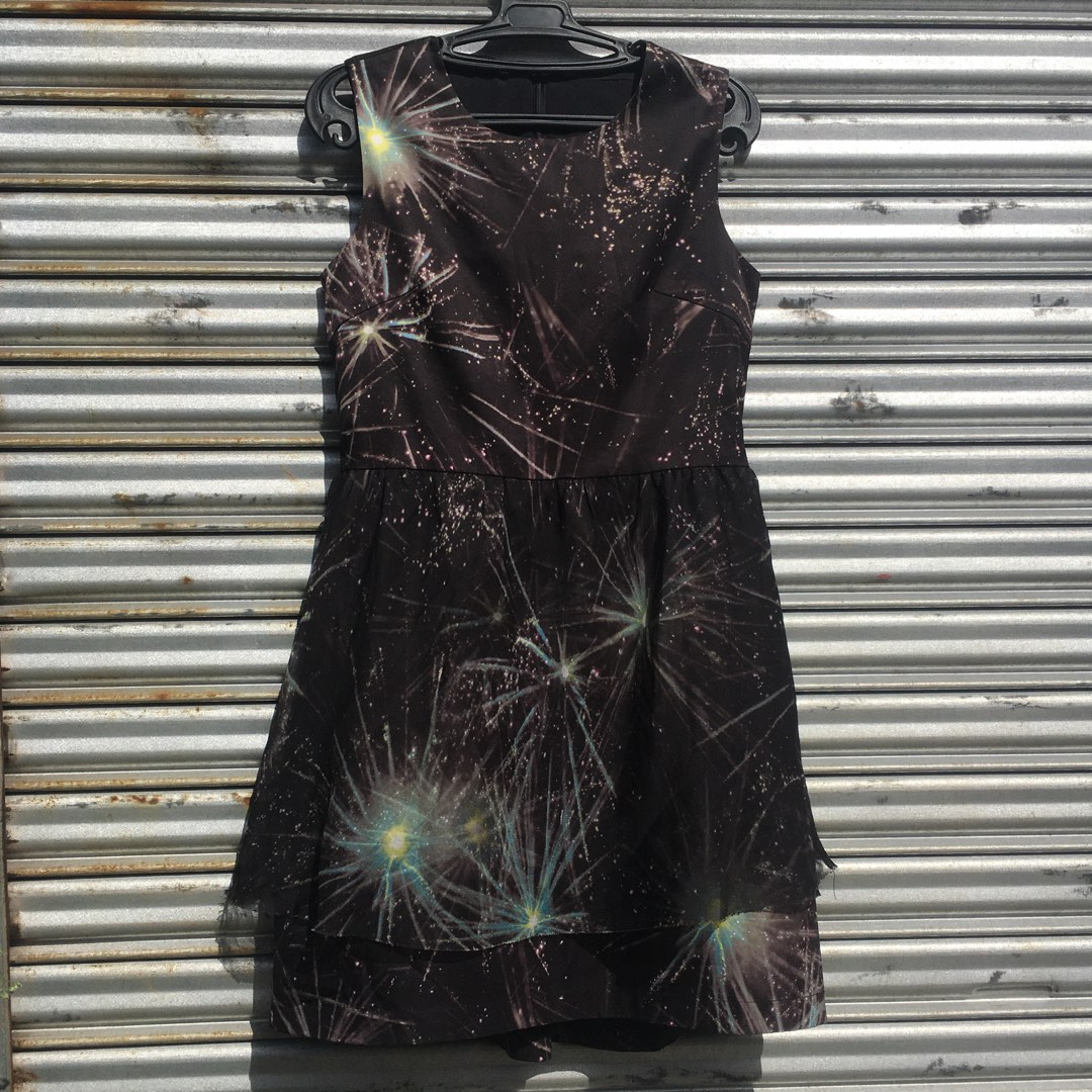 Fireworks print cocktail little black dress with chiffon sheer details ...