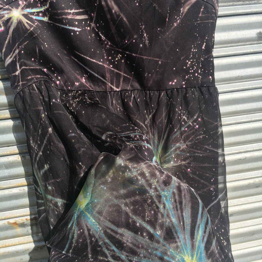 Fireworks print cocktail little black dress with chiffon sheer details ...