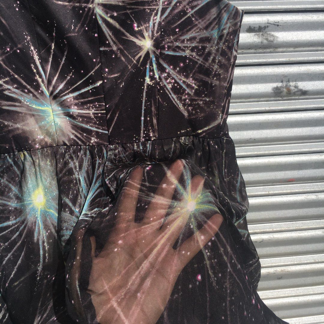 Fireworks print cocktail little black dress with chiffon sheer details ...