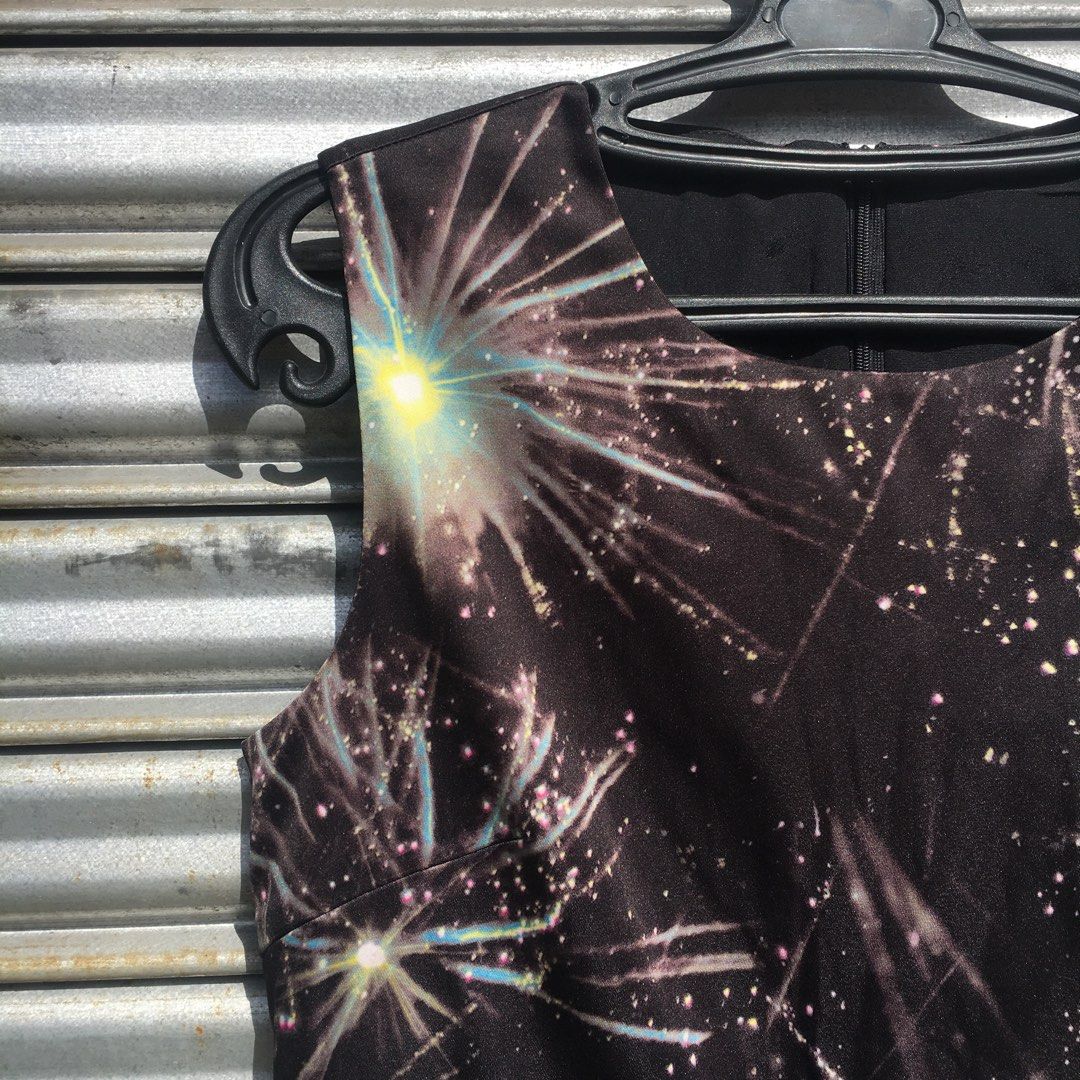 Fireworks print cocktail little black dress with chiffon sheer details ...