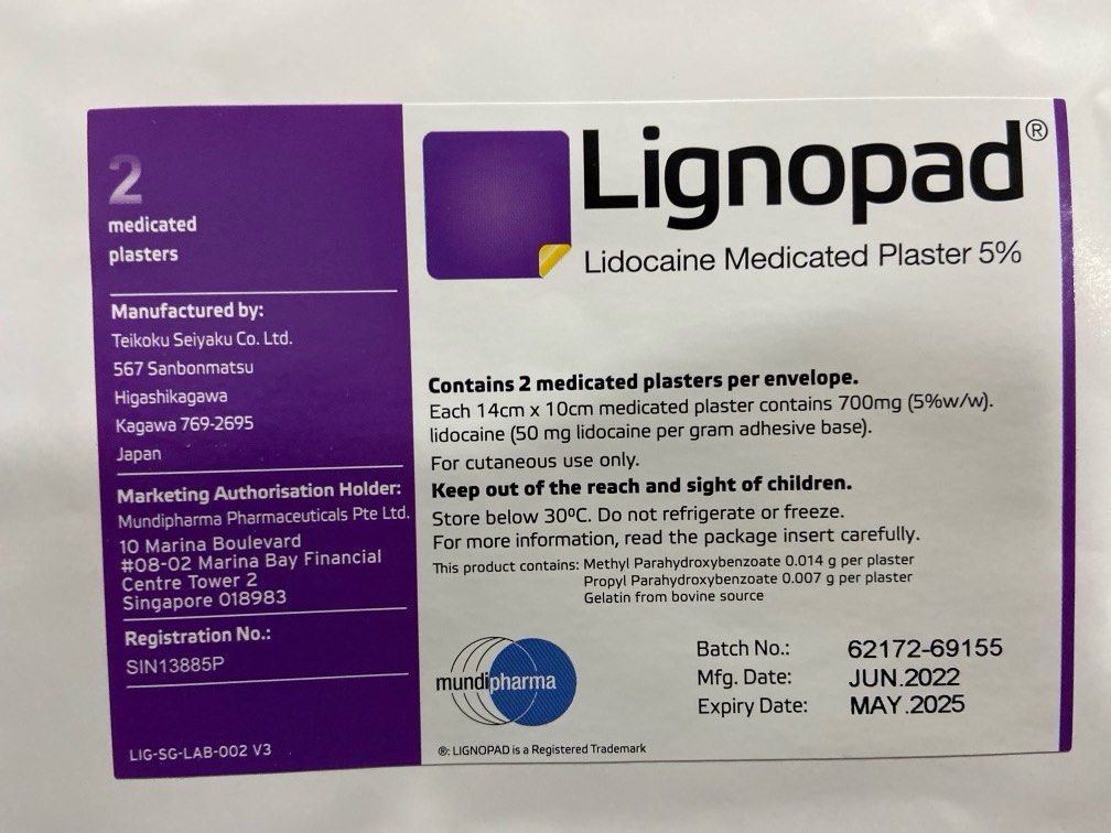 Lignopad (lidocaine medicated plaster 5%), Health & Nutrition, Medical ...