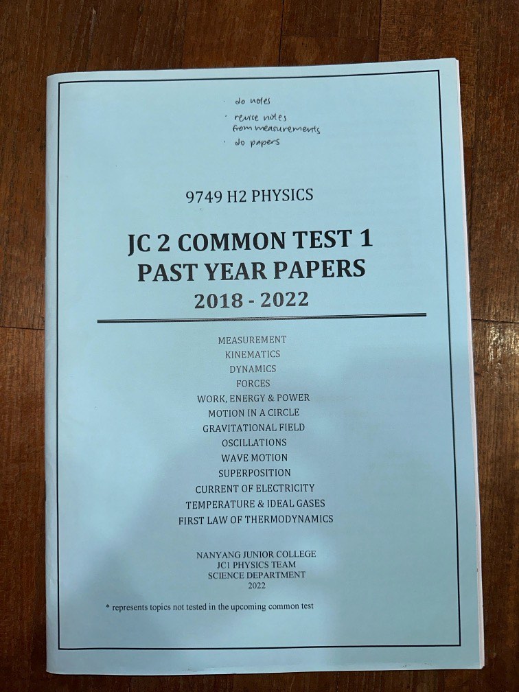 Nanyang JC 9749 H2 Physics JC2 Common Test 1 Past Year Papers 2018-2022 ...