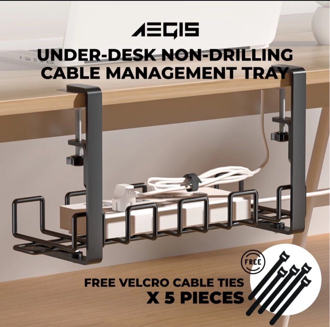Non drilling under desk cable management tray, Furniture & Home Living ...