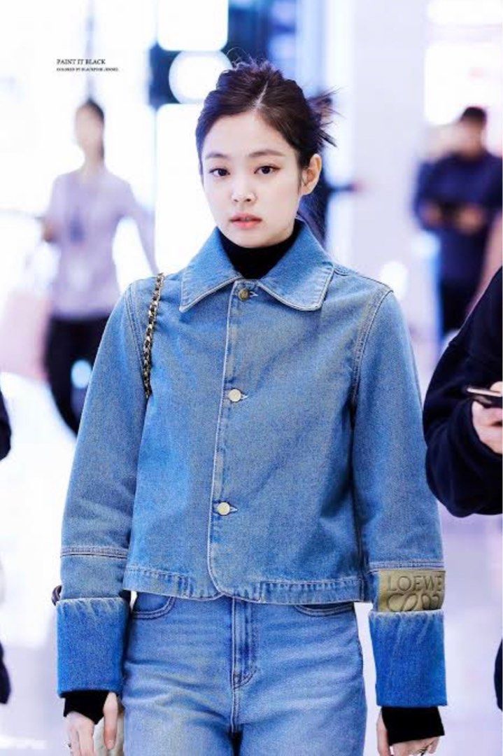 Original LOEWE crop denim jacket jennie kim blackpink jacket, Women's ...