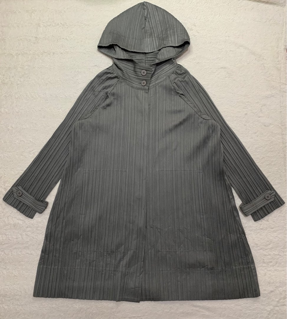 Issey Miyake Pleats Please - Grey Pleated Hoodie Coat Dress, Women's ...