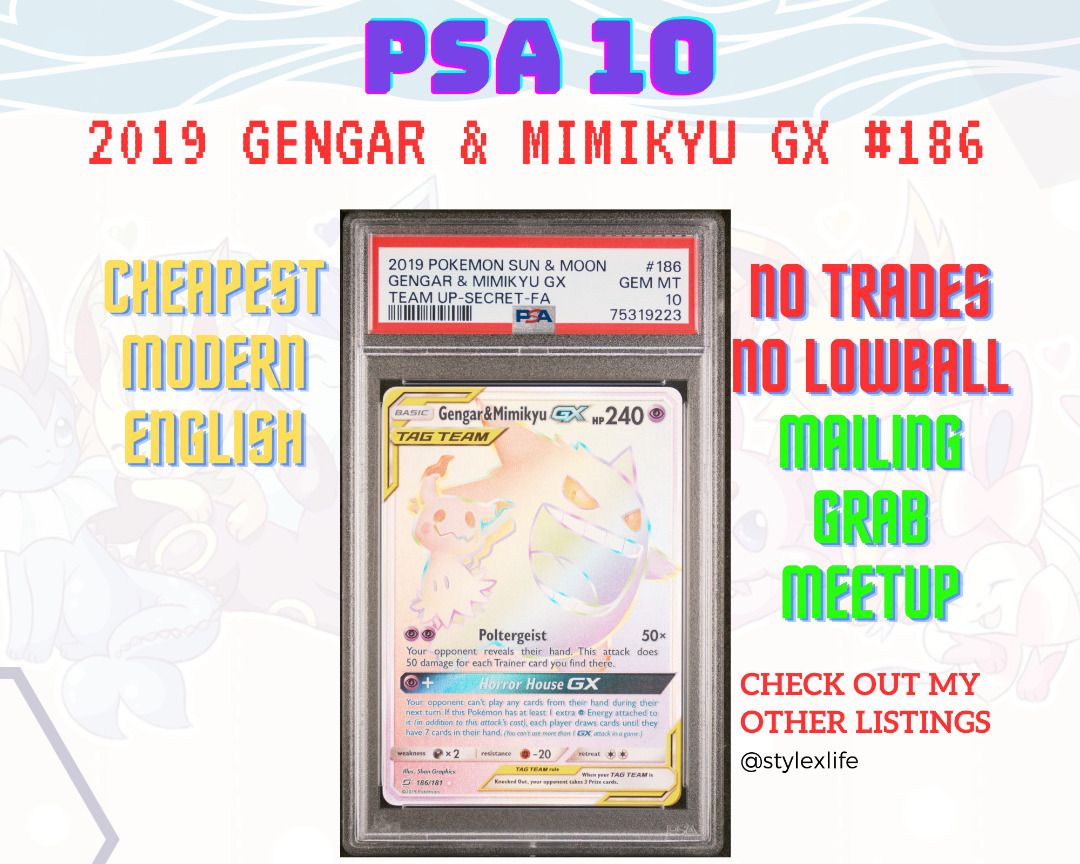 [PSA 10] Pokemon TCG - Gengar & Mimikyu GX #186/181 Team UP secret Full Art Pokemon Sun and Moon ...