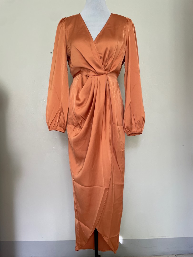 Shein Burnt Orange Satin Dress, Women's Fashion, Dresses & Sets ...