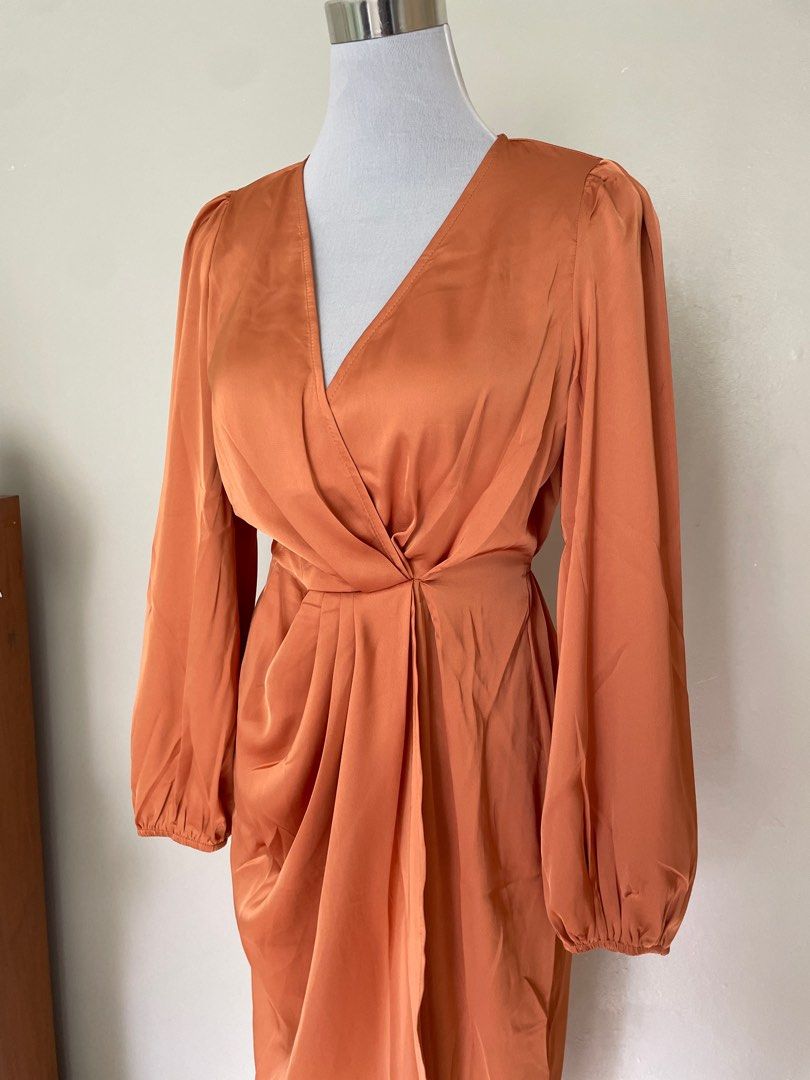 Shein Burnt Orange Satin Dress, Women's Fashion, Dresses & Sets ...