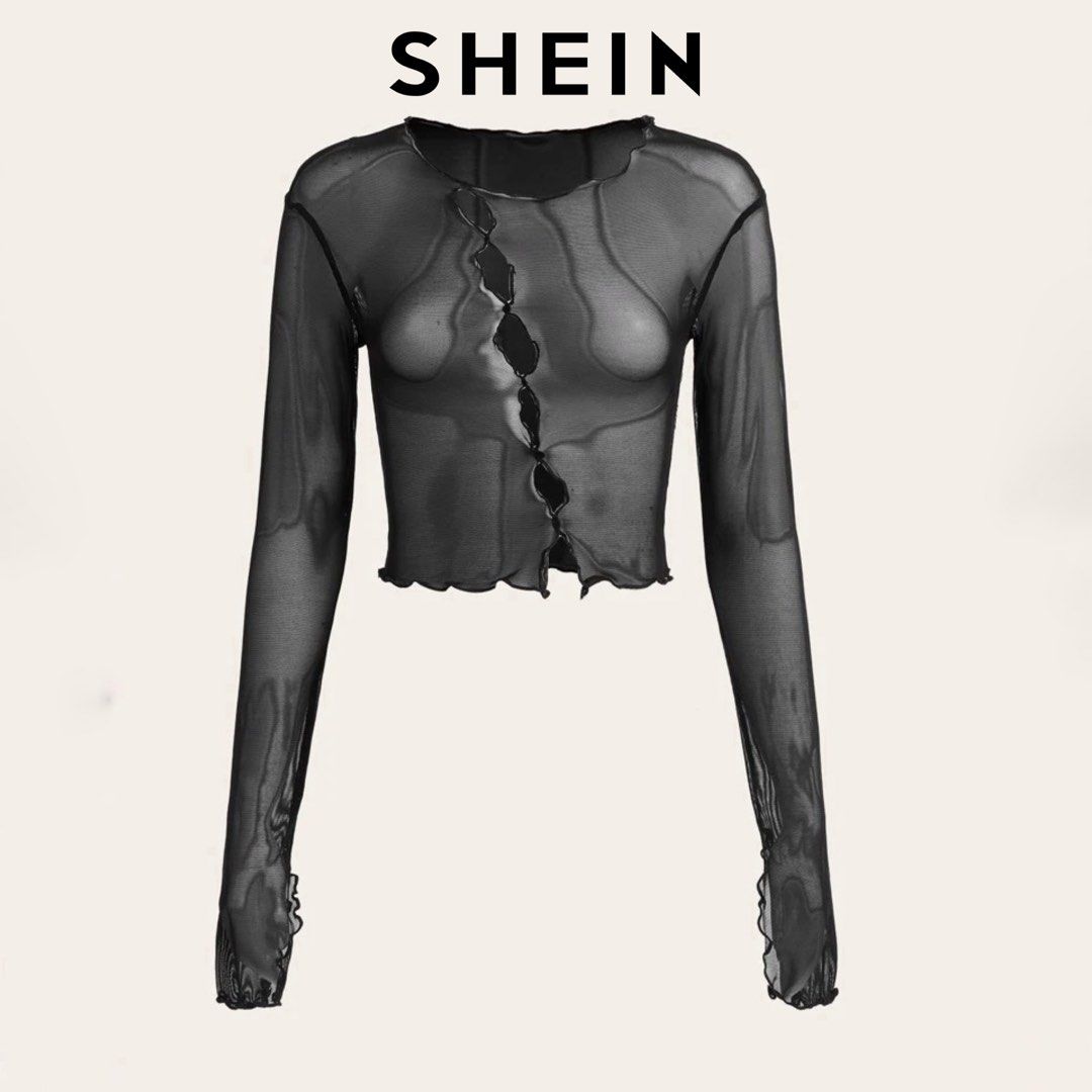 Shein Icon Lettuce Trim Sheer Mesh Top Without Bra Black Long Sleeves