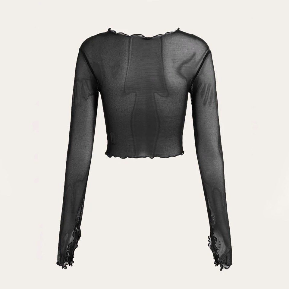 Shein Icon Lettuce Trim Sheer Mesh Top Without Bra Black Long Sleeves