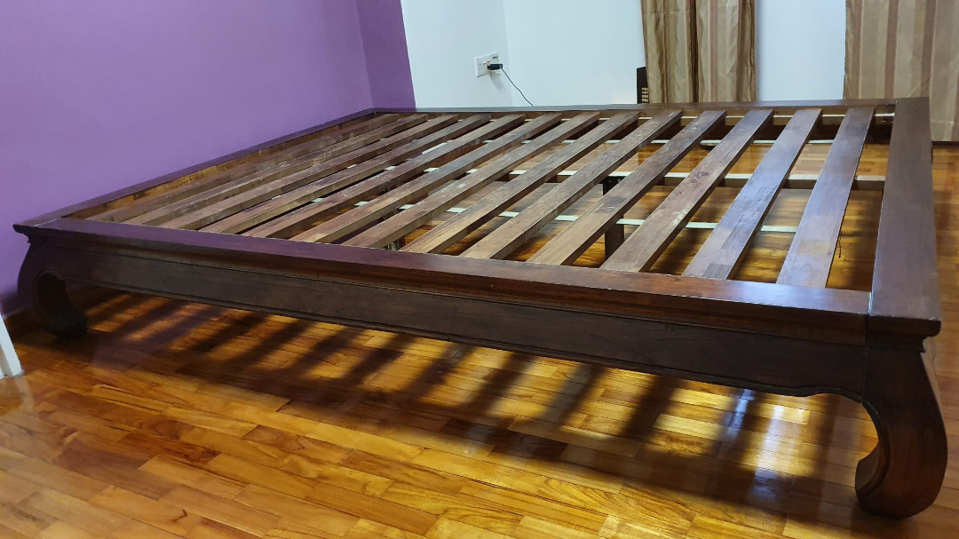 Solid wooden bed frame and TV console (matching set), Furniture & Home ...