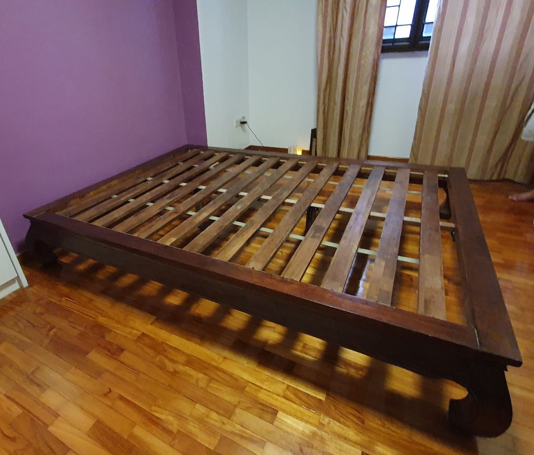 Solid wooden bed frame and TV console (matching set), Furniture & Home ...