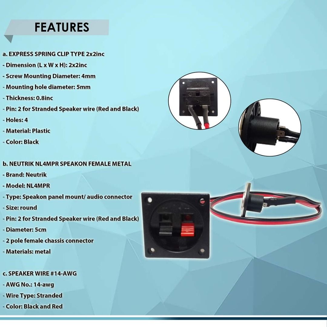 SPEAKER TERMINAL 2x2inc 2-PIN SQUARE EXPRESS SPRING CLIP TYPE to ...
