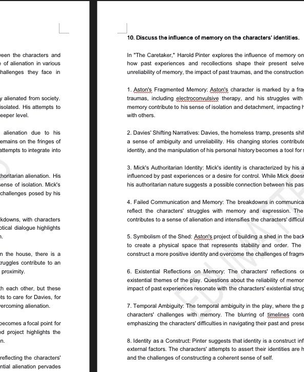 The Caretaker by Harold Pinter Literature Study Guide Notes Complete ...