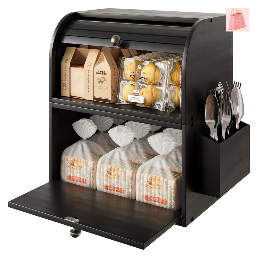 TQVAI Bamboo Bread Box for Kitchen Countertop Dobule Layer Roll Top ...