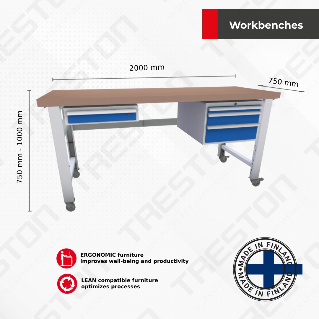 TRESTON Heavy Duty Adjustable Height Wood Workbench and Castor Wheels ...