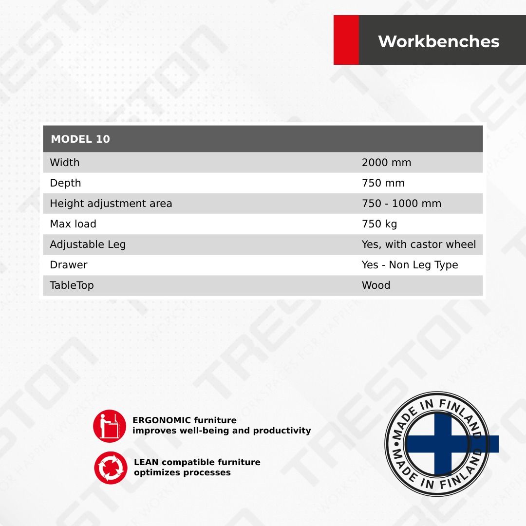 TRESTON Heavy Duty Adjustable Height Wood Workbench and Castor Wheels with Drawer Model 10 ...