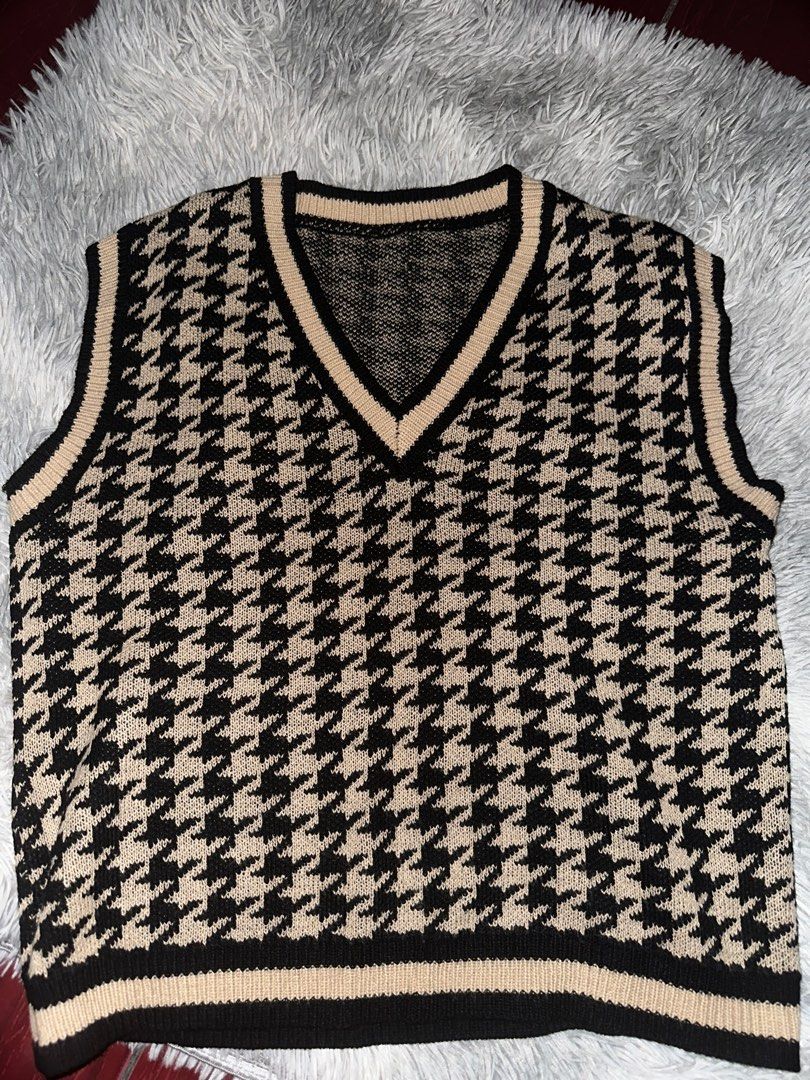 V Neck Houndstooth Sweater Vest Womens Fashion Tops Sleeveless On
