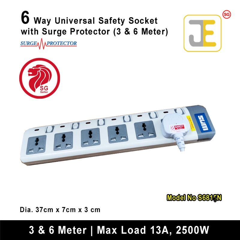 3 to 6 Way Universal Safety Extension Socket with Surge Protector (3 ...