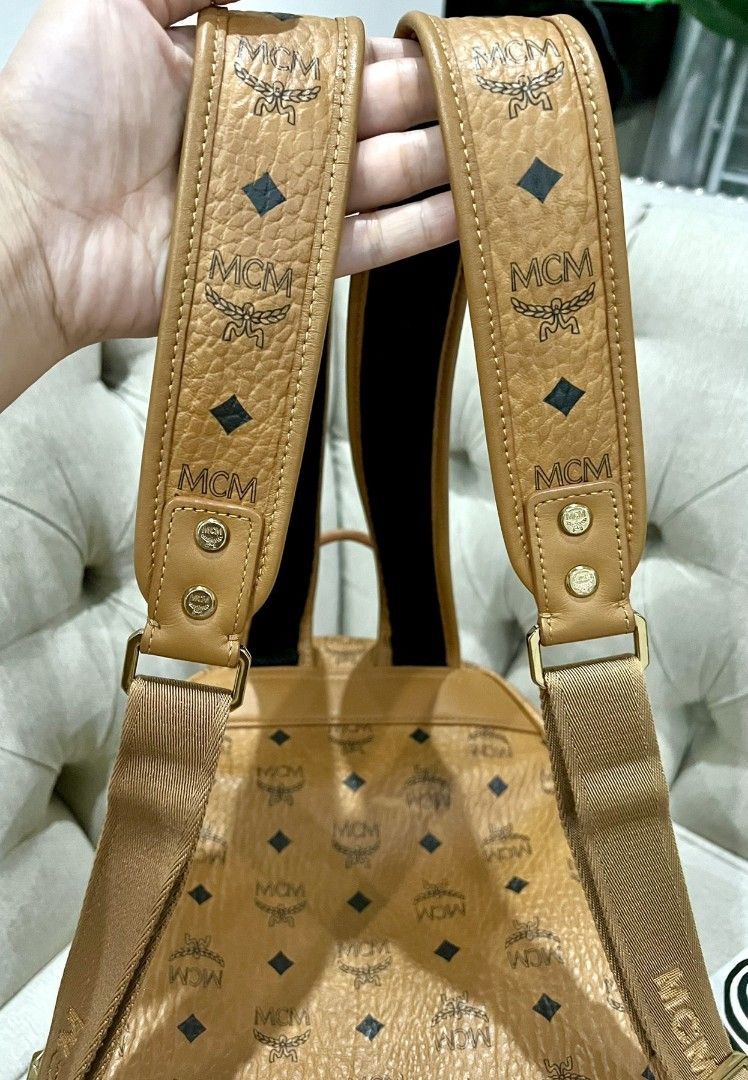Authentic MCM Stud Cognac Backpack, Luxury, Bags & Wallets on Carousell