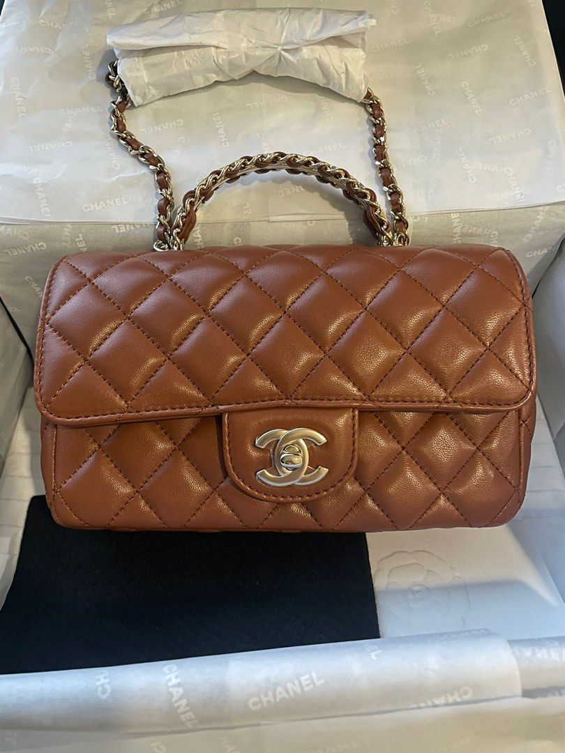BNIB Chanel Mini Rectangular Caramel with crystal top handle (Complete ...