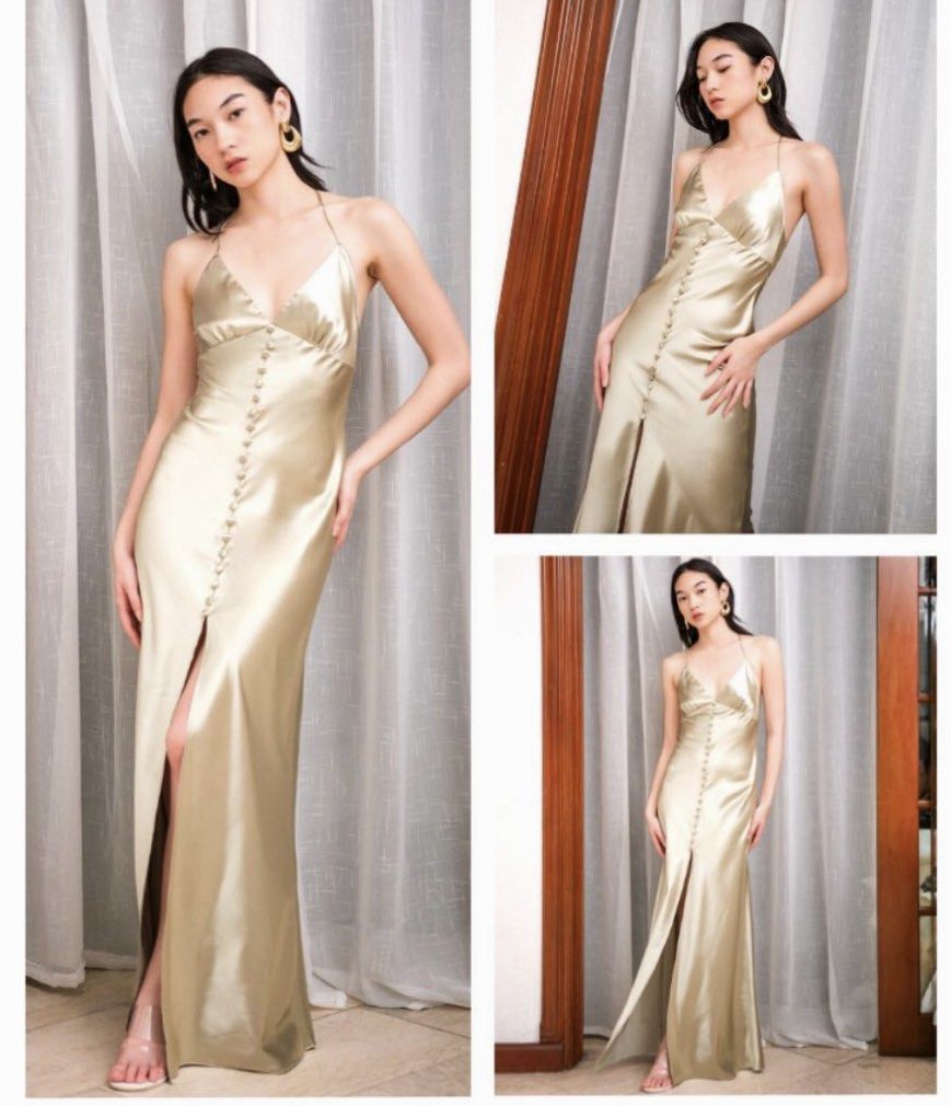 Jessica Sage Green Satin Long Dress, Women's Fashion, Dresses & Sets ...