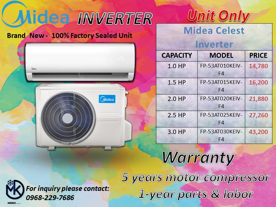MIDEA CELEST INVERTER SPLIT TYPE AIRCON 1.0hp 1.5hp 2.0hp 2.5hp SALE ...