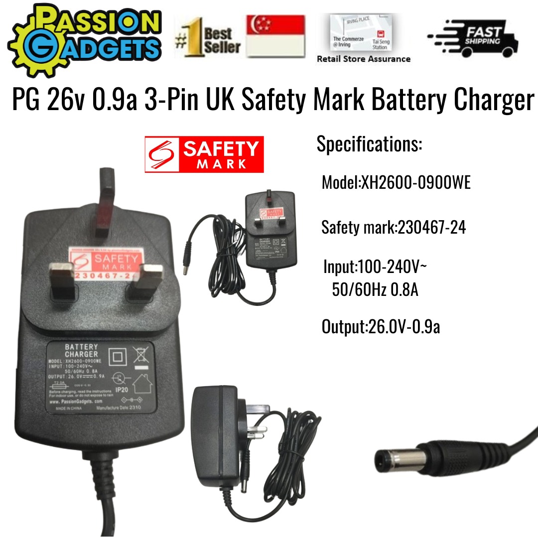 PG 26V 0.9A AC/DC 3-Pin UK Plug Safety Mark Battery Charger Adapter For ...