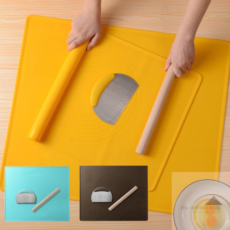 Silicone Mat Stainless Steel Dough Cutter and Wooden Rolling Pin Set ...