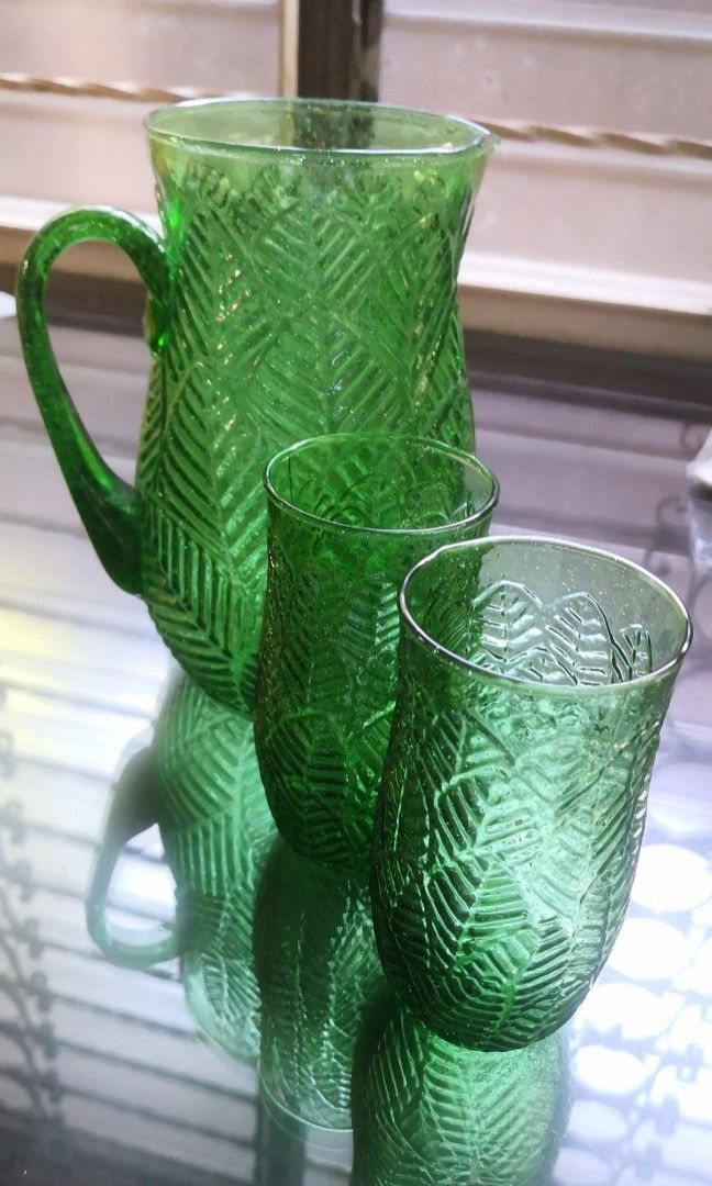 Vintage 1980s Pitcher and Glass set - Leaves, Green, Furniture & Home ...