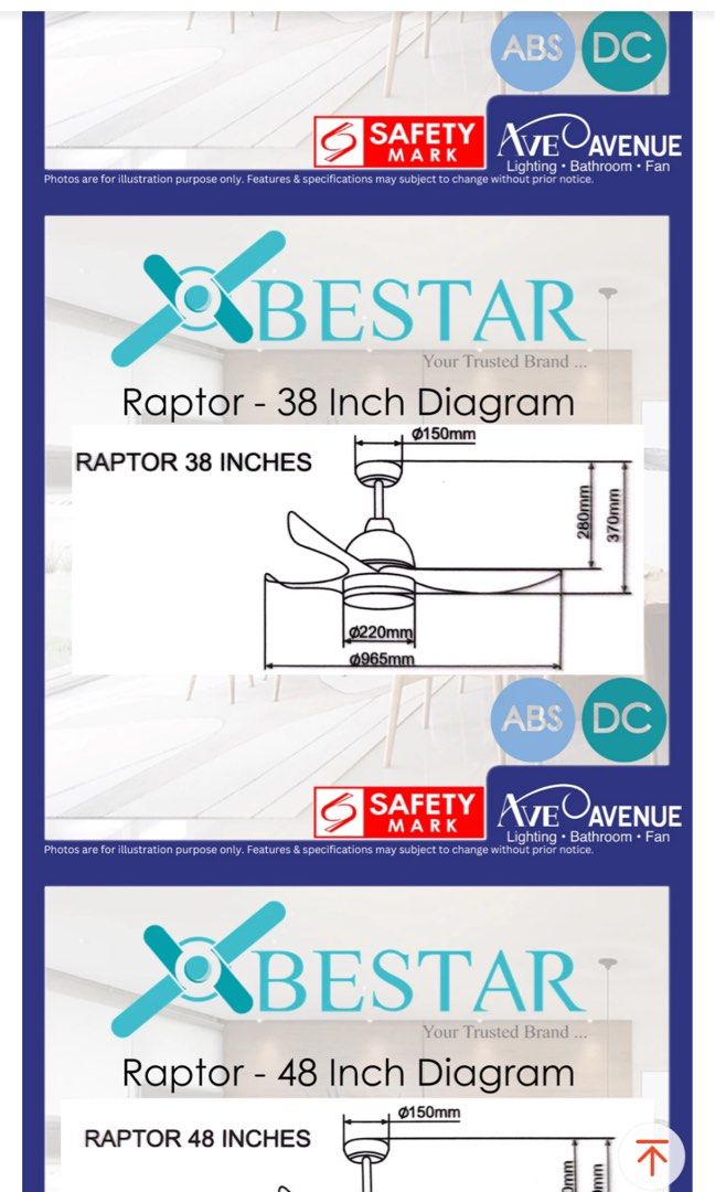 BESTAR RAPTOR DC Motor 3 Blade Ceiling Fan 38 Inch (3 Tone LED Light ...
