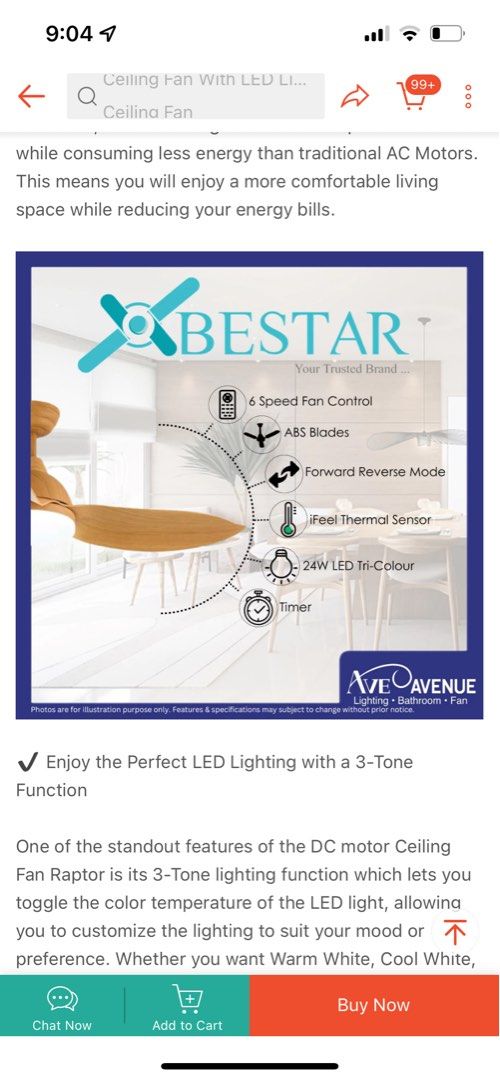 BESTAR RAPTOR DC Motor 3 Blade Ceiling Fan 38 Inch (3 Tone LED Light ...