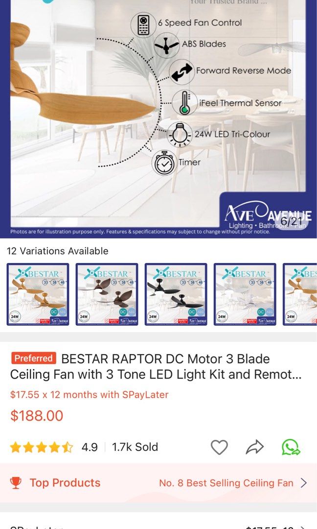 BESTAR RAPTOR DC Motor 3 Blade Ceiling Fan 38 Inch (3 Tone LED Light ...