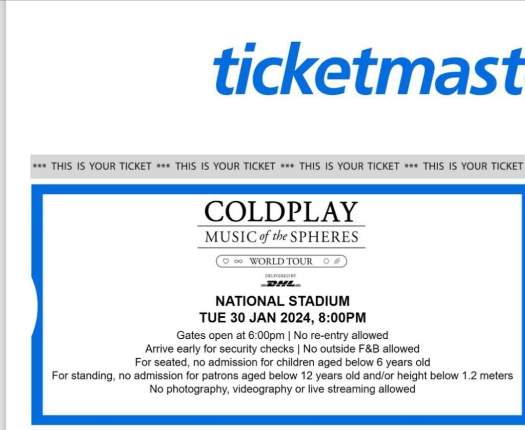 COLDPLAY TICKET S$200 ( General Standing ), Tickets & Vouchers, Event ...