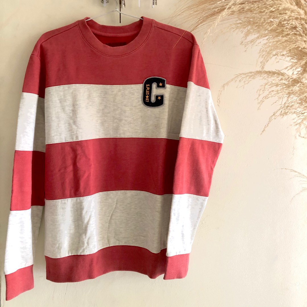 Crewneck Maroon Putih, Fesyen Pria, Pakaian , Atasan di Carousell